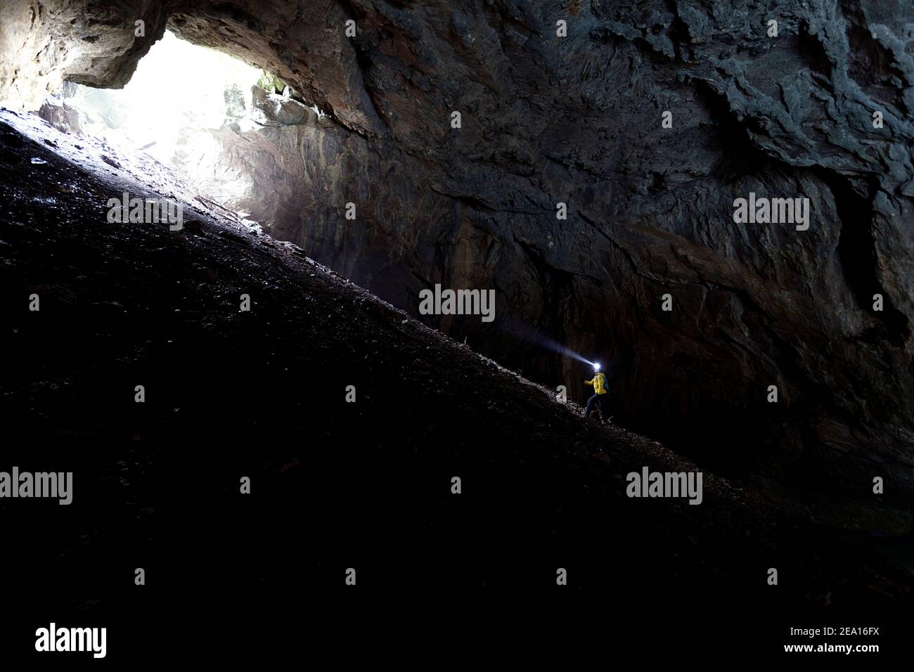 steep terrain rock by the river in Tkalca cave in Rakov Skocjan park ...