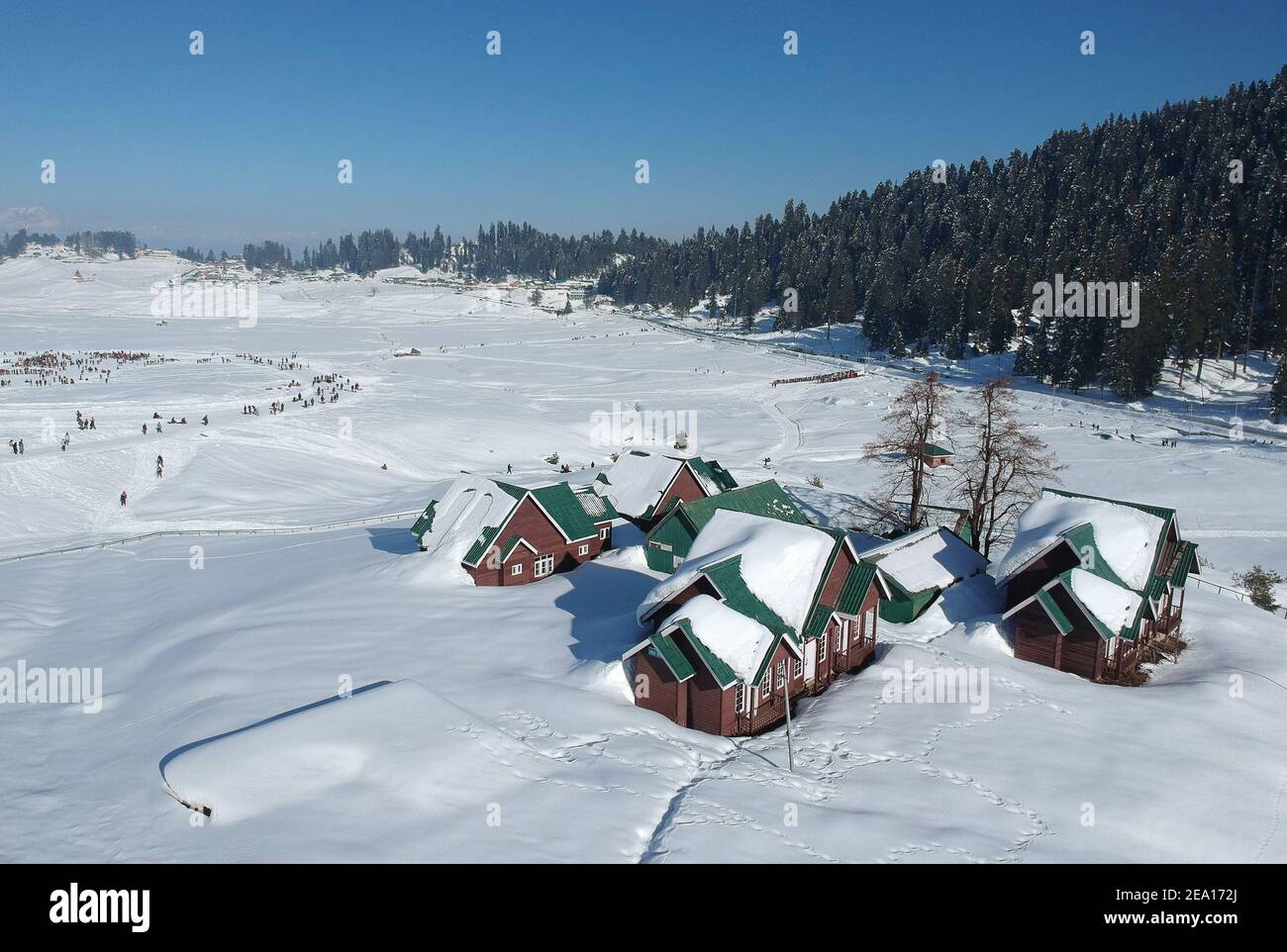 Srinagar. 6th Feb, 2021. Aerial photo taken on Feb. 6, 2021 shows snow ...