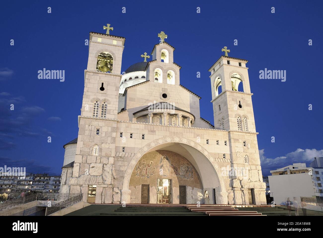 Cathedral of the Resurrection In Podgorica by night, Montenegro Stock ...