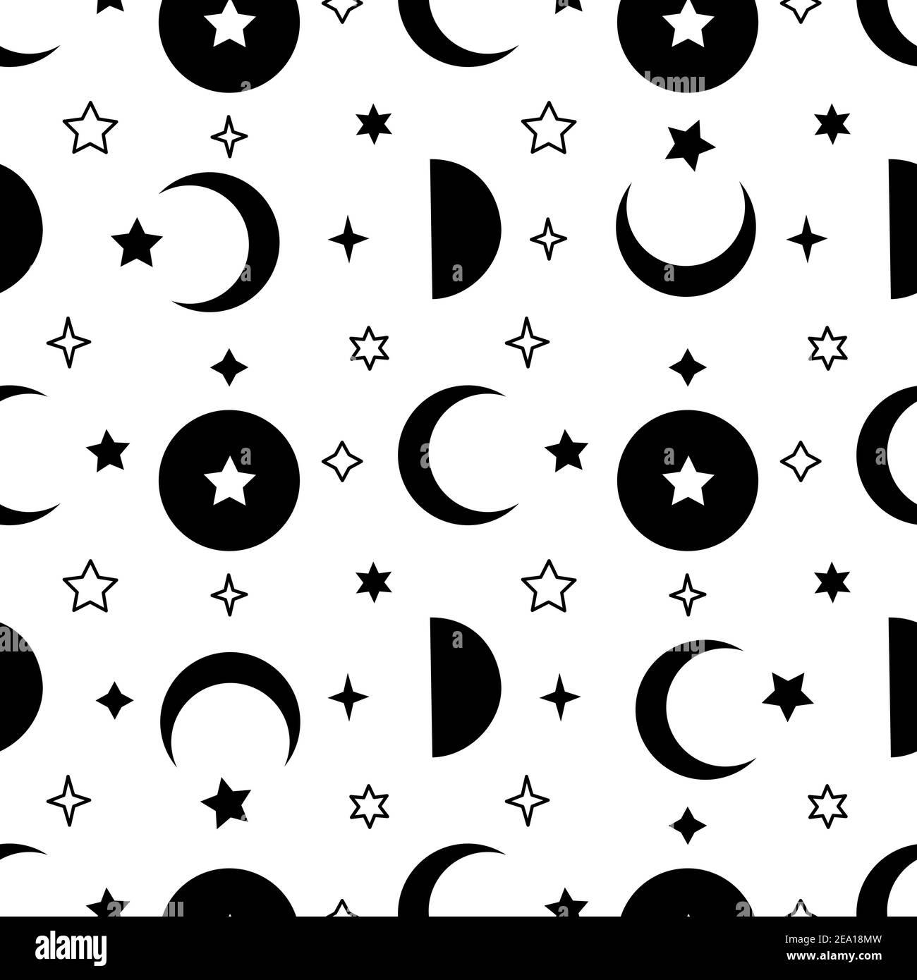 Monochrome seamless pattern with black and white moon and stars on ...