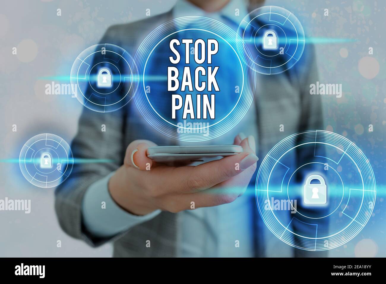 Text sign showing Stop Back Pain. Business photo showcasing put an end ...