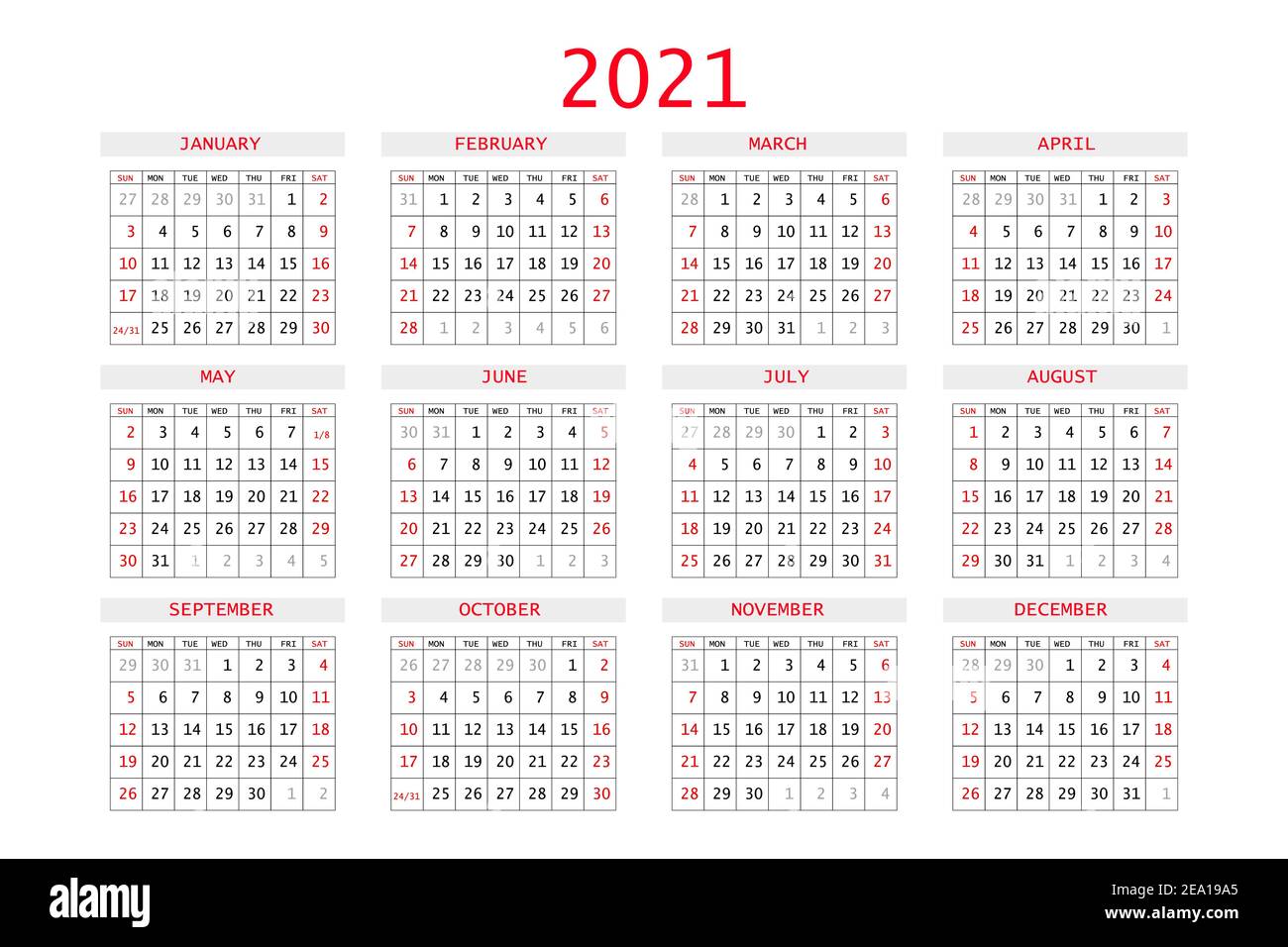 2021 calendar planner. Corporate week. Template layout, 12 months ...