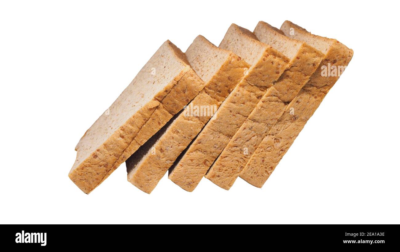 Toast bread stands in a row close-up Isolated white background with ...