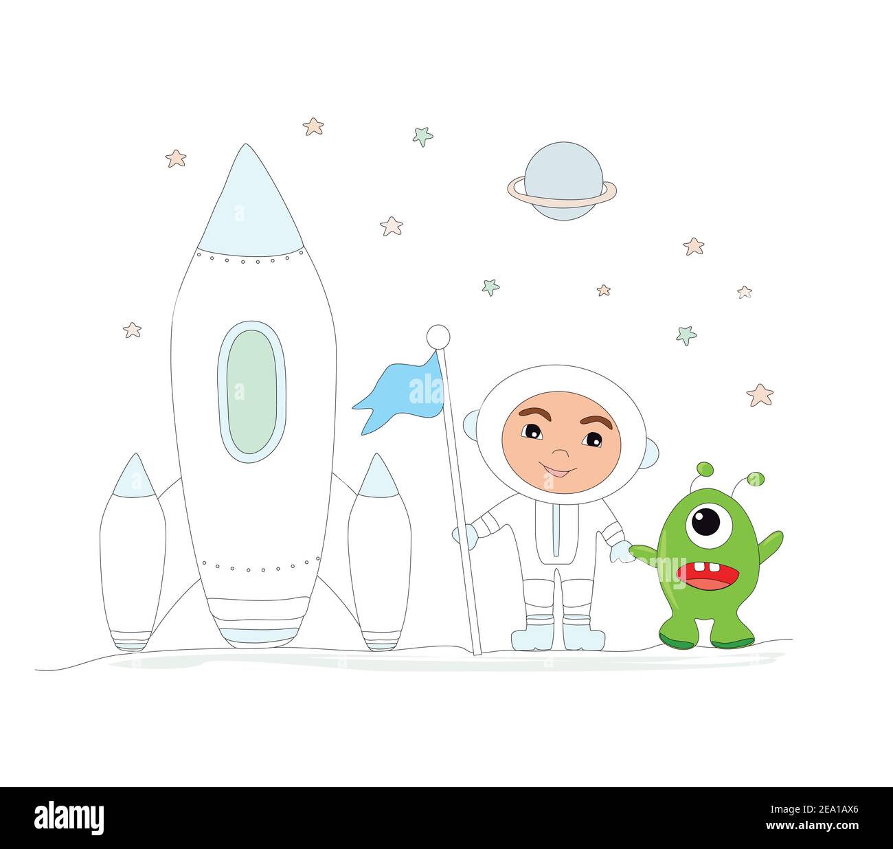 cute boy astronaut and alien - funny isolated illustration Stock Vector ...