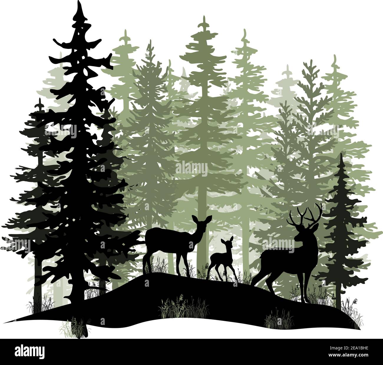 Deer with antlers, doe, fawn posing in magic misty forest. Silhouettes ...