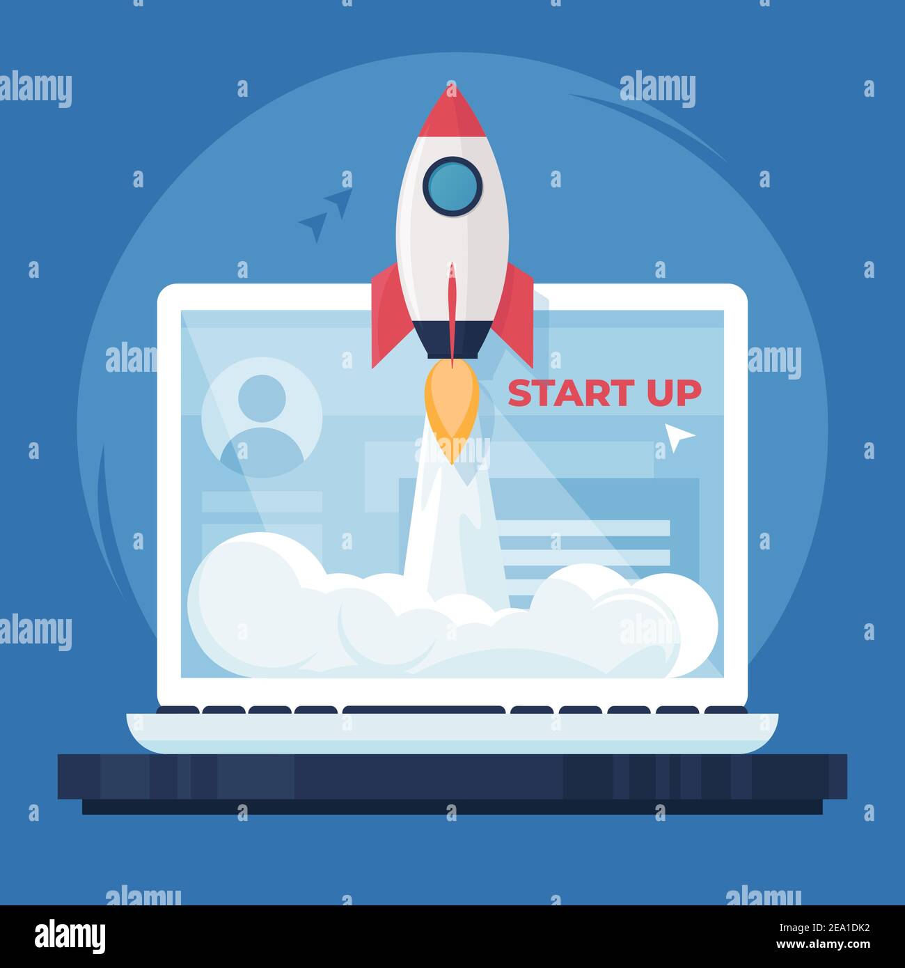 Successful startup business concept. Rocket launch from a laptop on ...