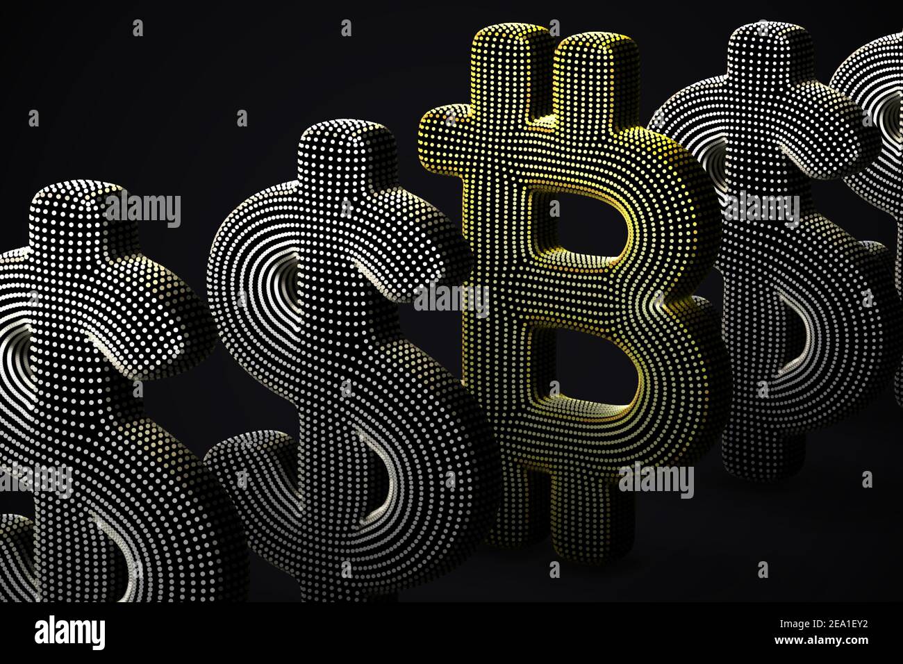 Digital 3D Bitcoin cryptocurrency logo in a row with US Dollar signs ...