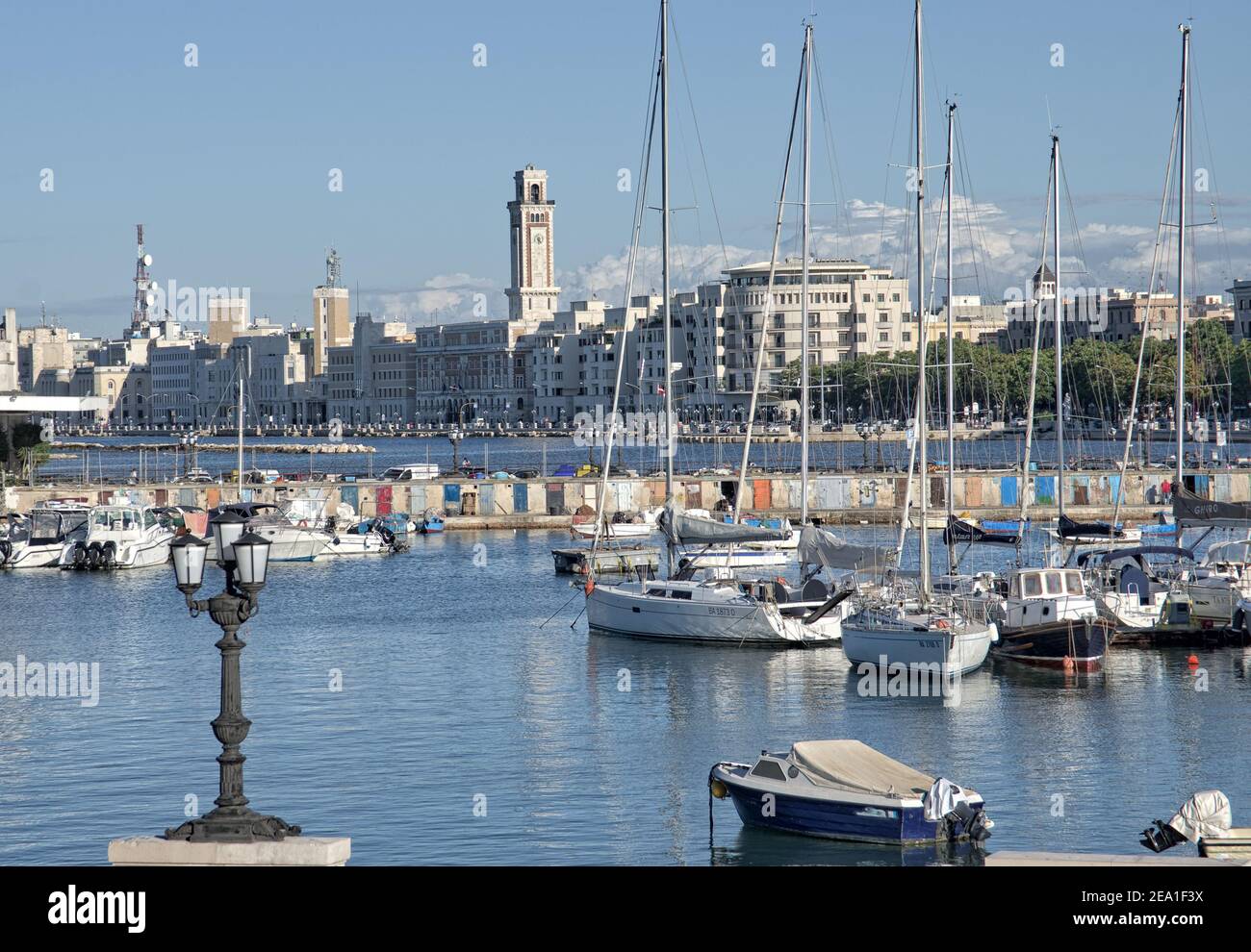 BARI, ITALY - JULY 11: view from the sea of Bari town with Clock Tower ...