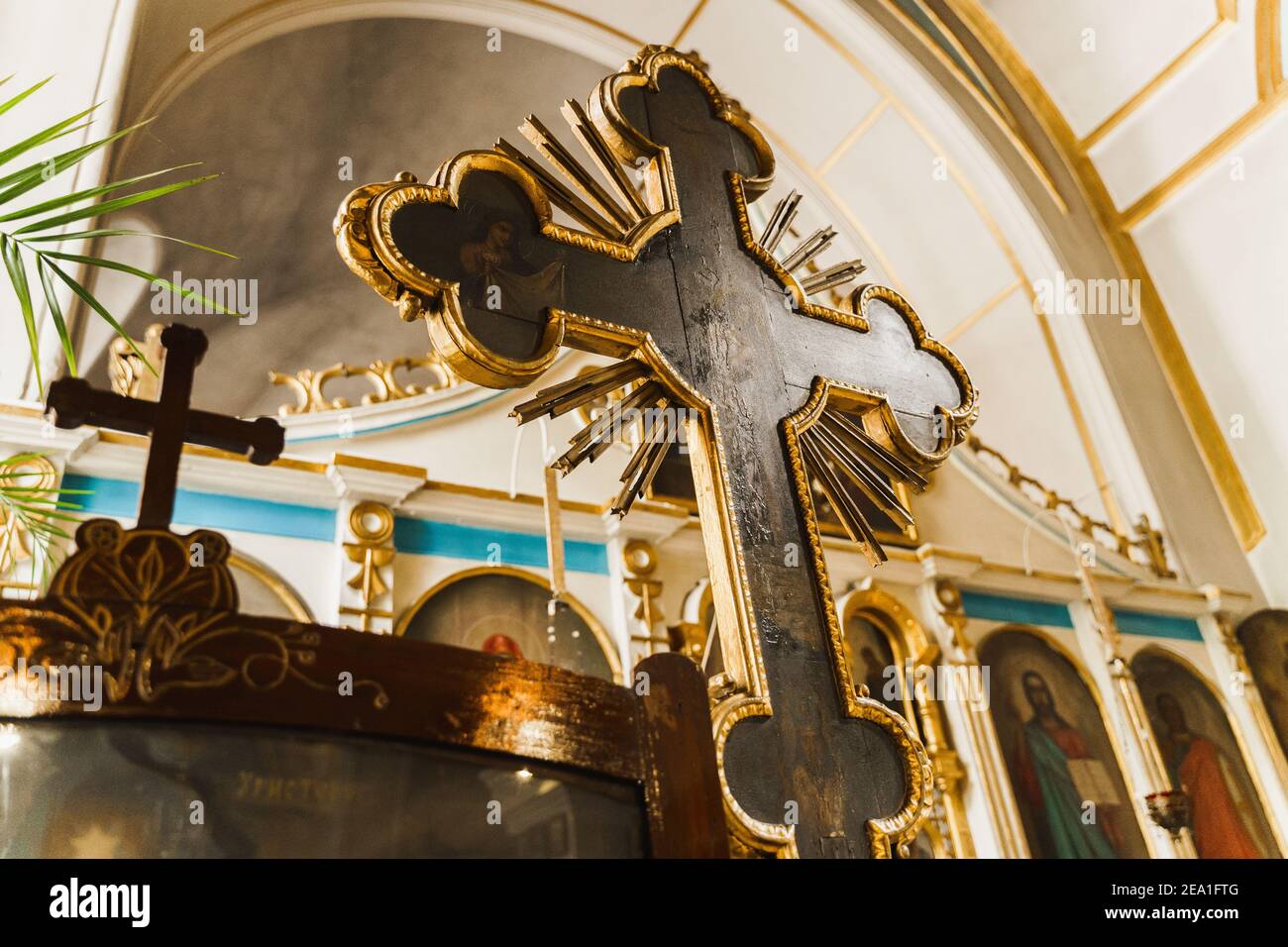 Huge Orthodox cross in the church interior. Orthodox tradition and ...