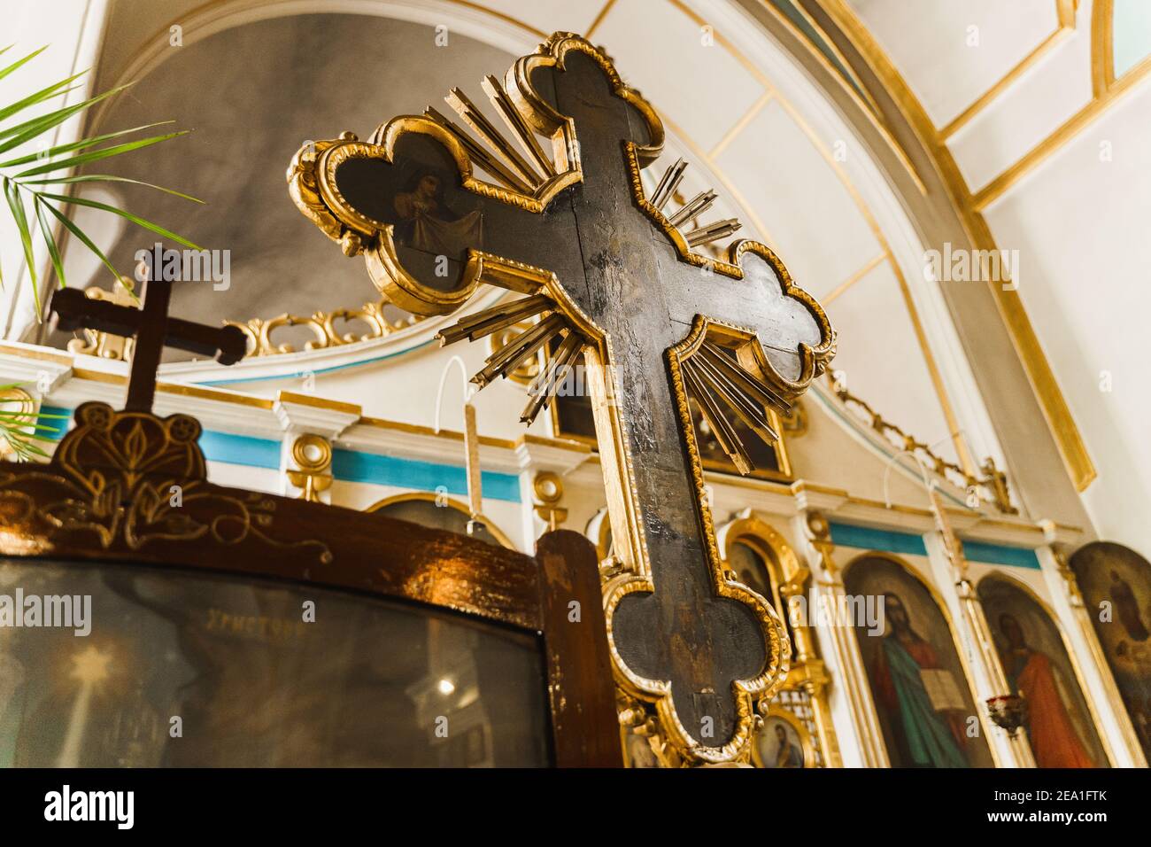 Huge Orthodox cross in the church interior. Orthodox tradition and ...