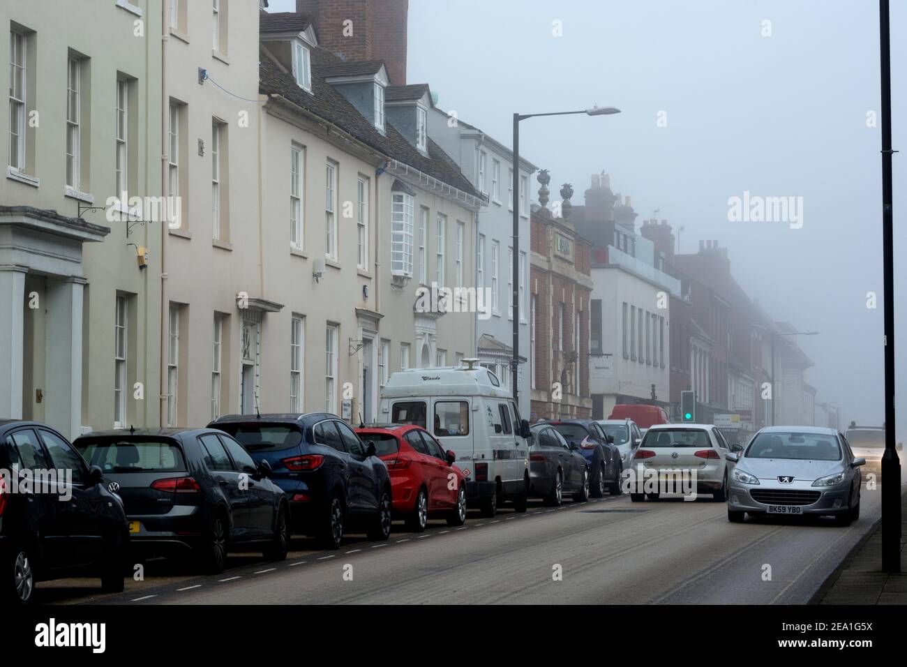 High Street on a foggy day in winter, Warwick, Warwickshire, England ...
