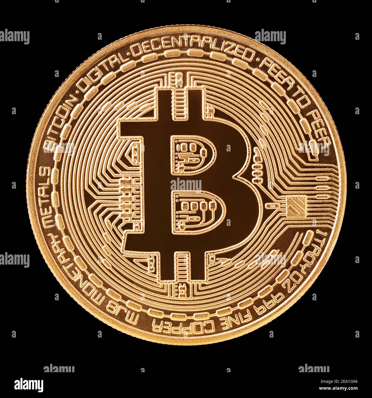 Digital currency golden bitcoin (BTC) isolated on black background with ...
