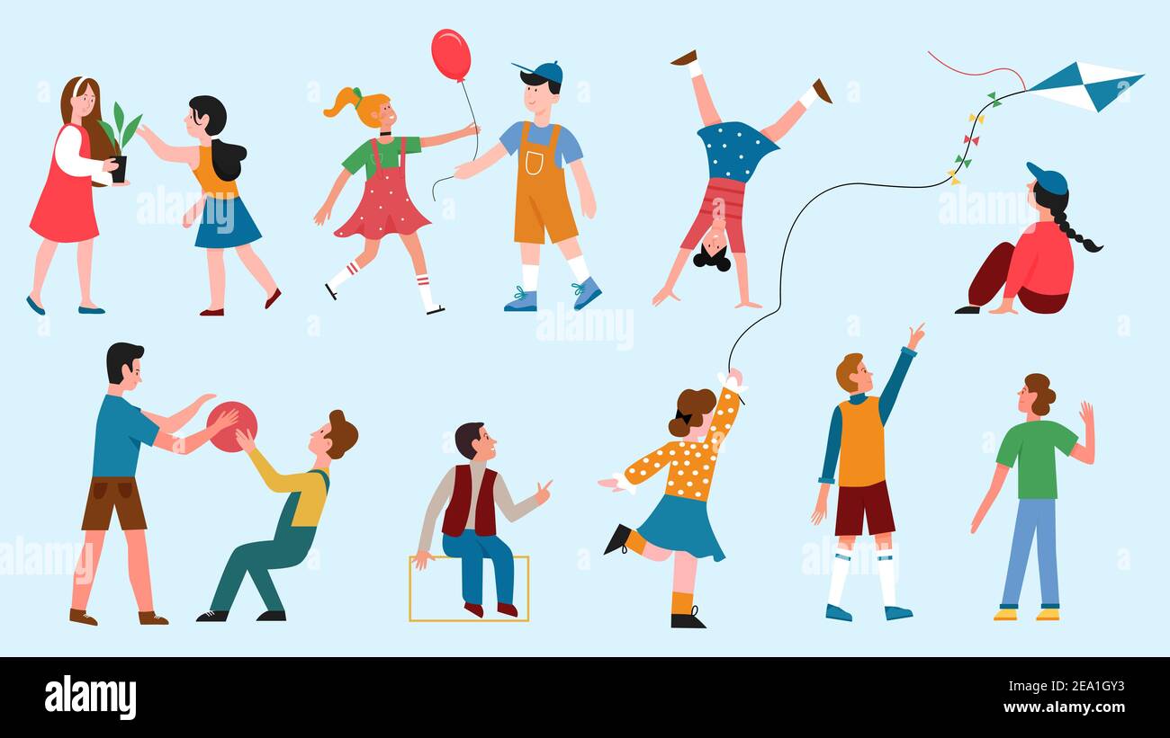 Children play vector illustration set. Cartoon happy boys and girls ...