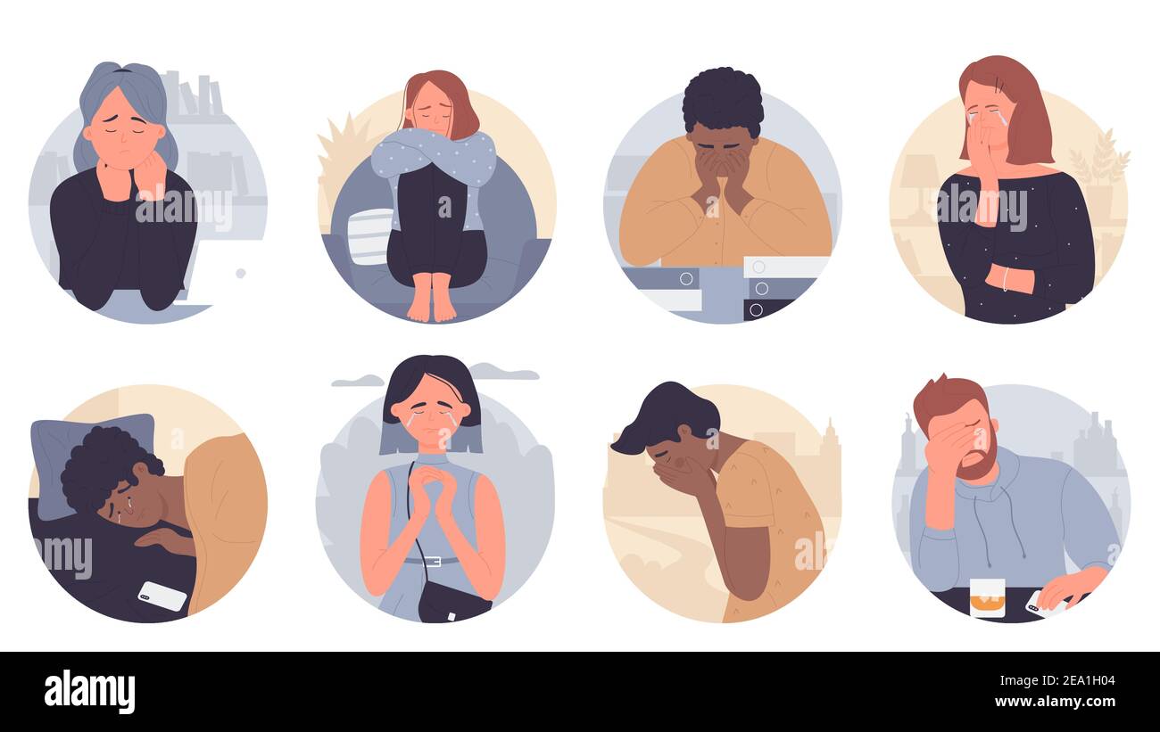 People in depression vector illustration set. Cartoon flat sad ... People in depression vector illustration set. Cartoon flat sad ...