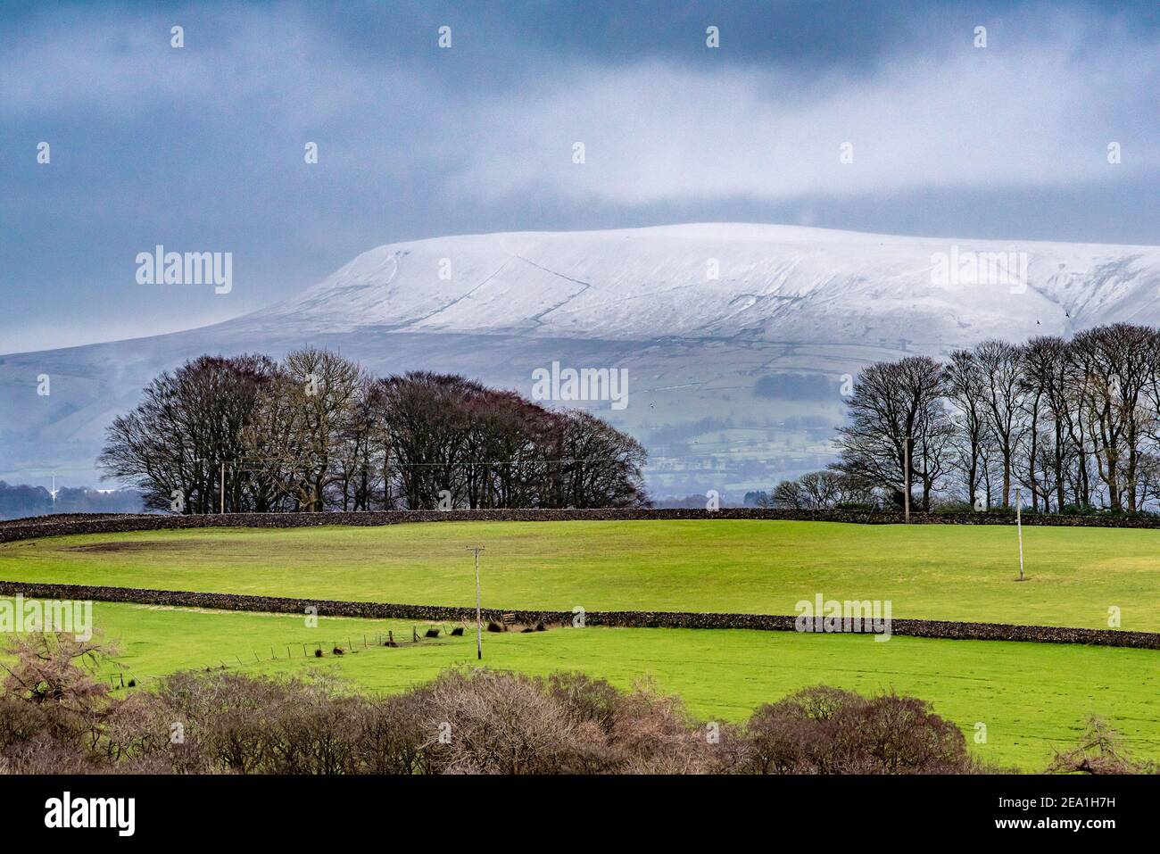 Clitheroe, Lancashire, UK. 7th Feb, 2021. Snow on Pendle Hill ...
