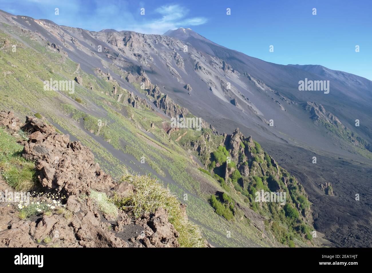 steep slope of Bove Valley and summit of Etna south east crater, Sicily ...