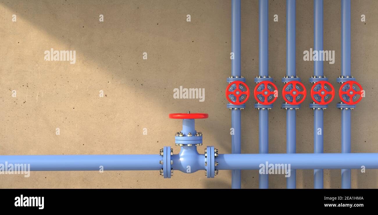 Drink water treatment plant piping. Industrial metal pipelines blue ...