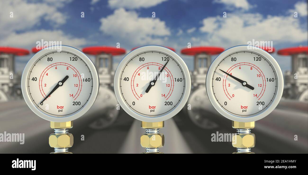 Industrial plant pipeline manometers and valves. Pressure measure ...