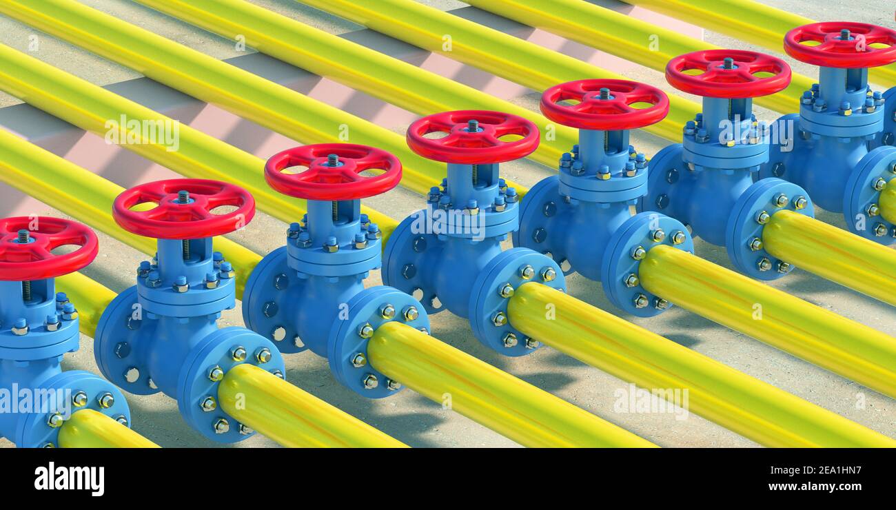Oil and gas plant pipeline valves background. Industrial pipelines row ...