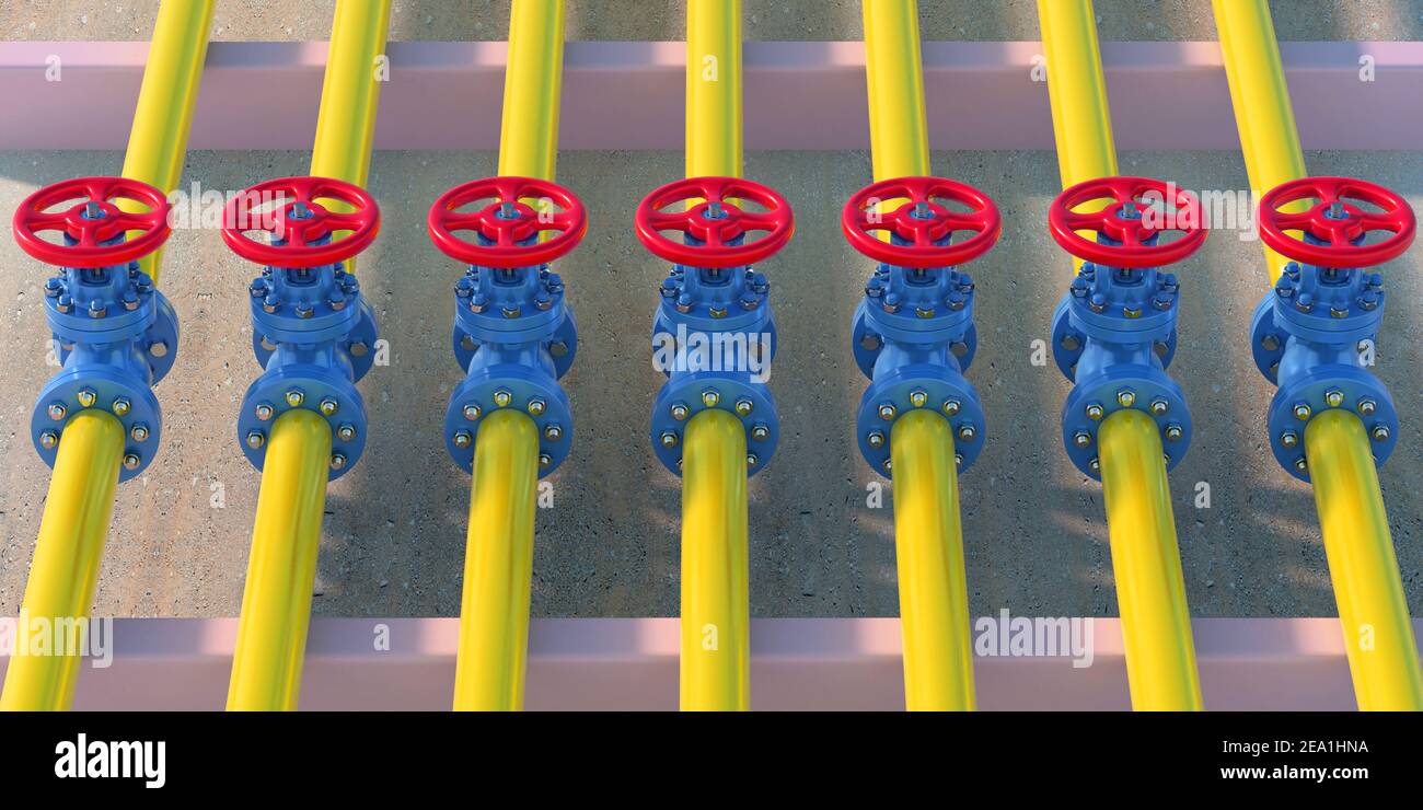 Oil and gas plant pipeline valves background. Industrial pipelines row ...