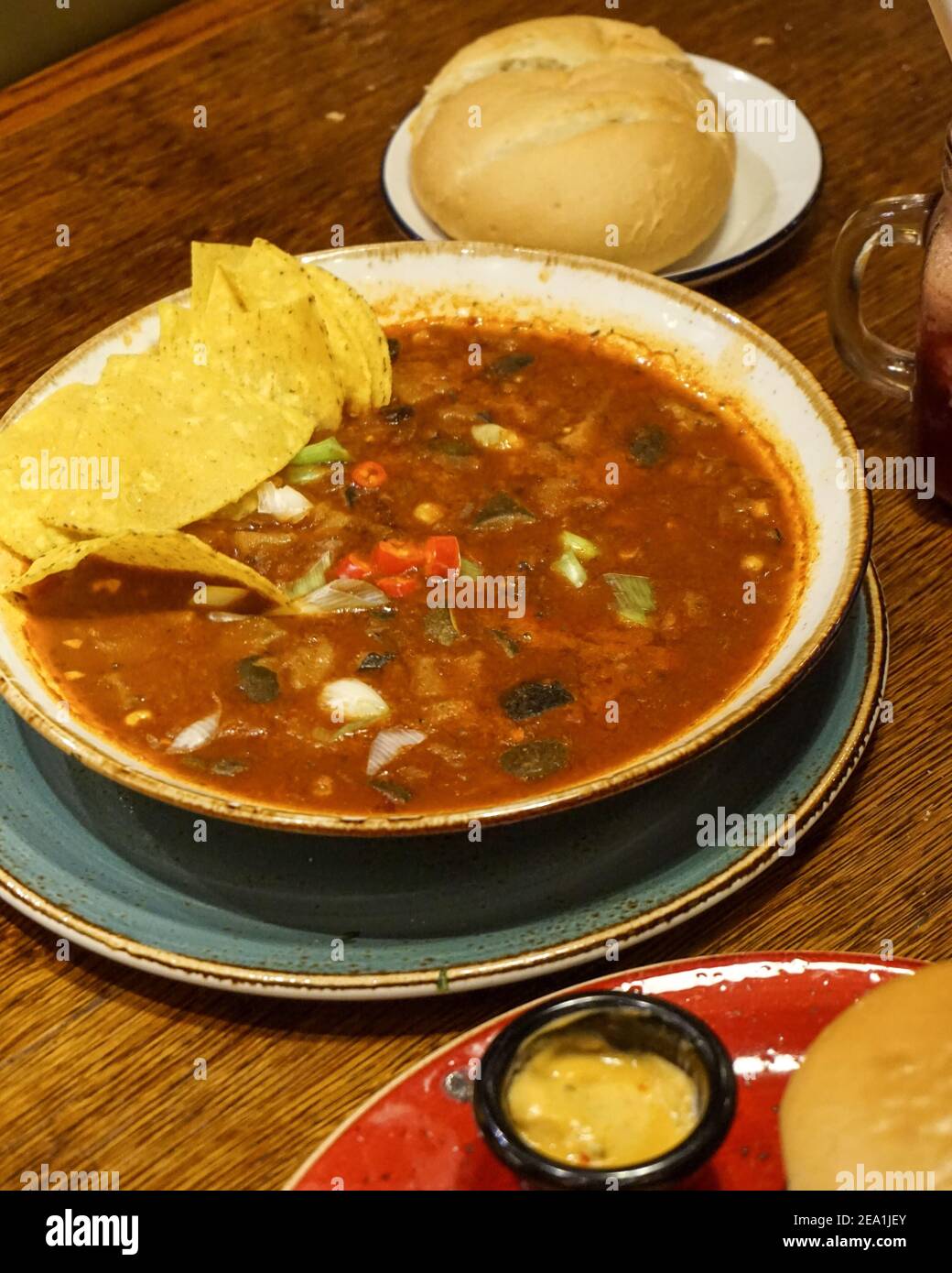 Spicy bean soup, bread, dip nachos, Chiquito Mexican Chain Restaurant ...