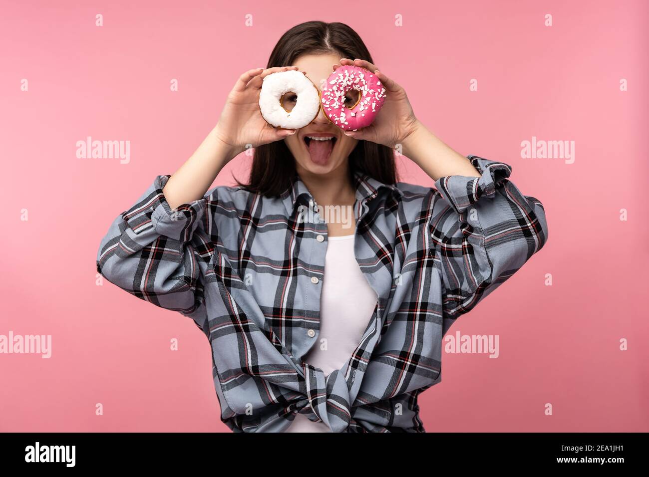 Photo of attractive lady holds covered eyes by donuts candies sweet ...