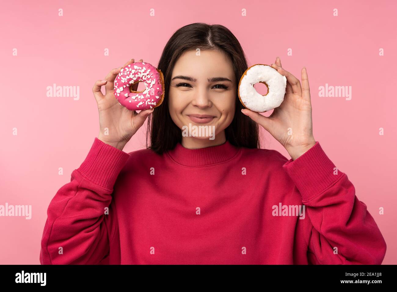 Photo of attractive lady holds donut candies sweet food wear smile ...