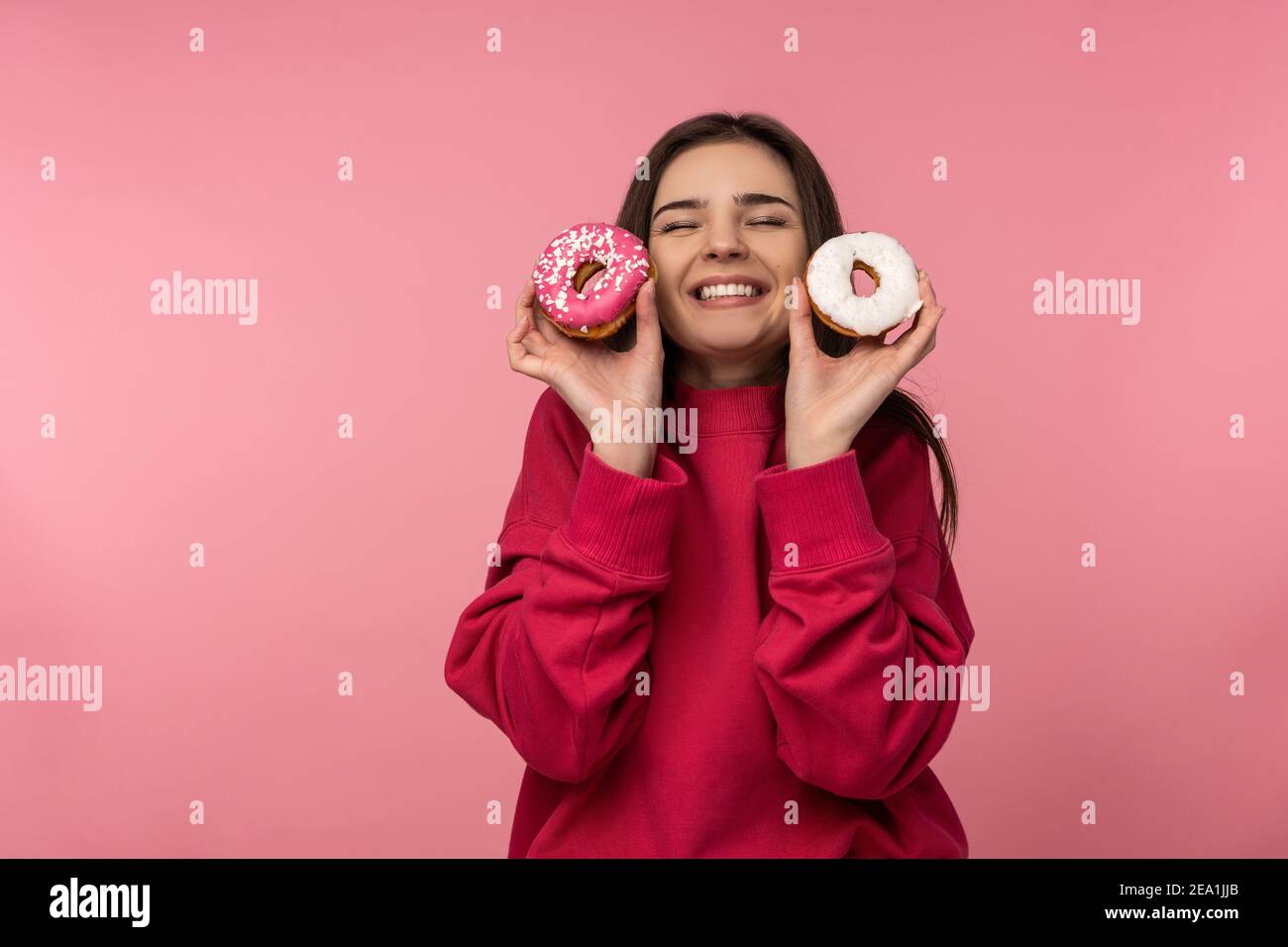 Photo of attractive lady holds donut candies sweet food wear smile ...