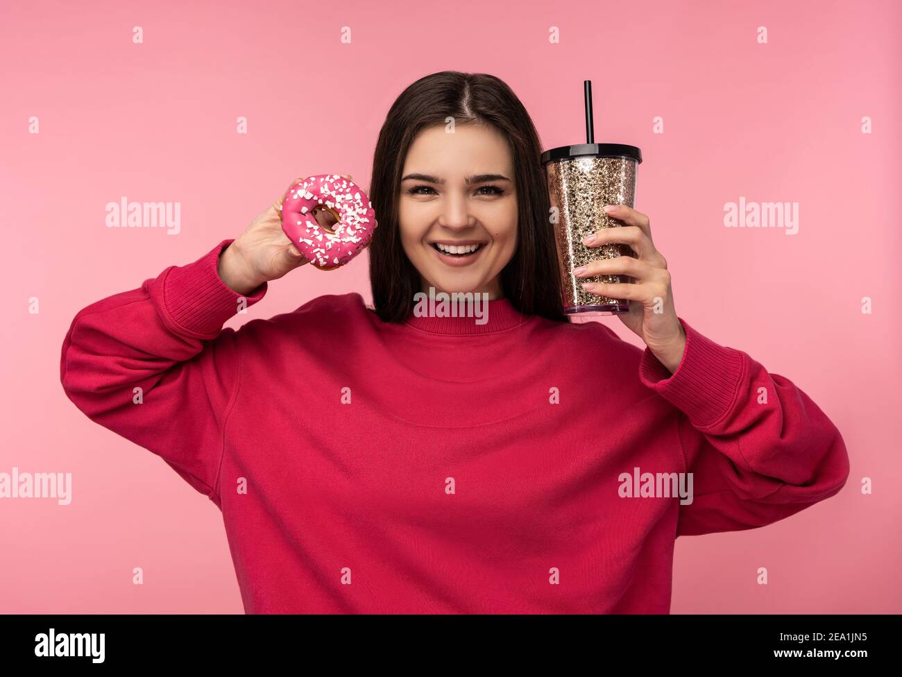 Photo of attractive lady holds donut and coffee tea sweet food wear ...