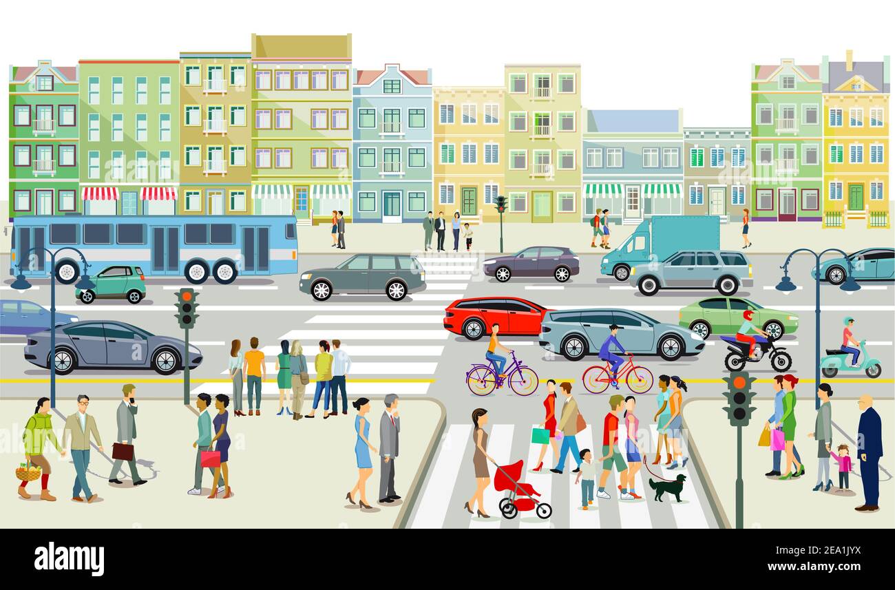 Road traffic with people on the sidewalk illustration Stock Vector ...