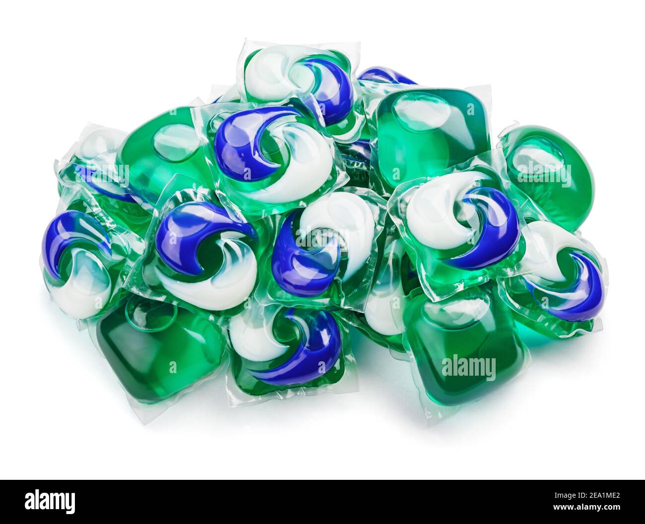 Pile of washing gel capsule pods with laundry detergent isolated on ...