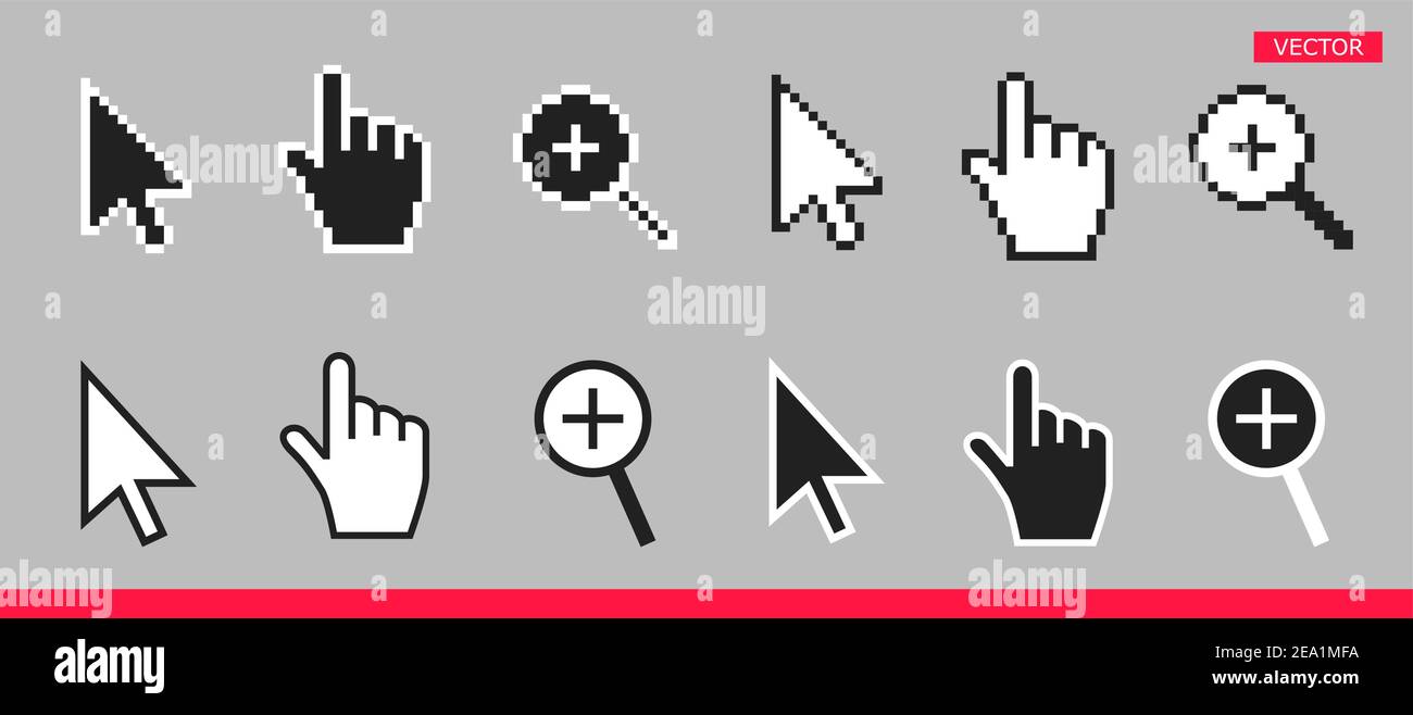 Black and white arrow, hand and magnifier mouse cursor icons vector illustration set flat style ...