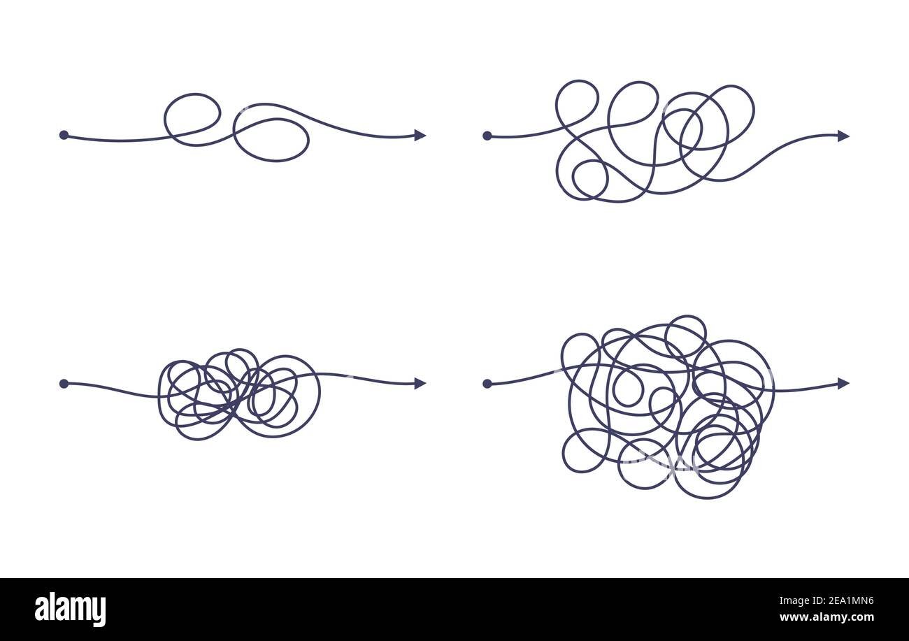 Complex and easy simple way from start to end vector illustration set. Chaos simplifying ...