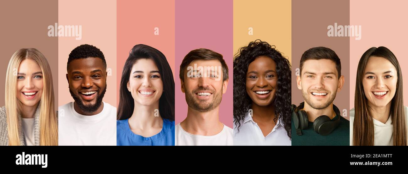 Human portraits set with smiling multiethnic men and women on colorful ...