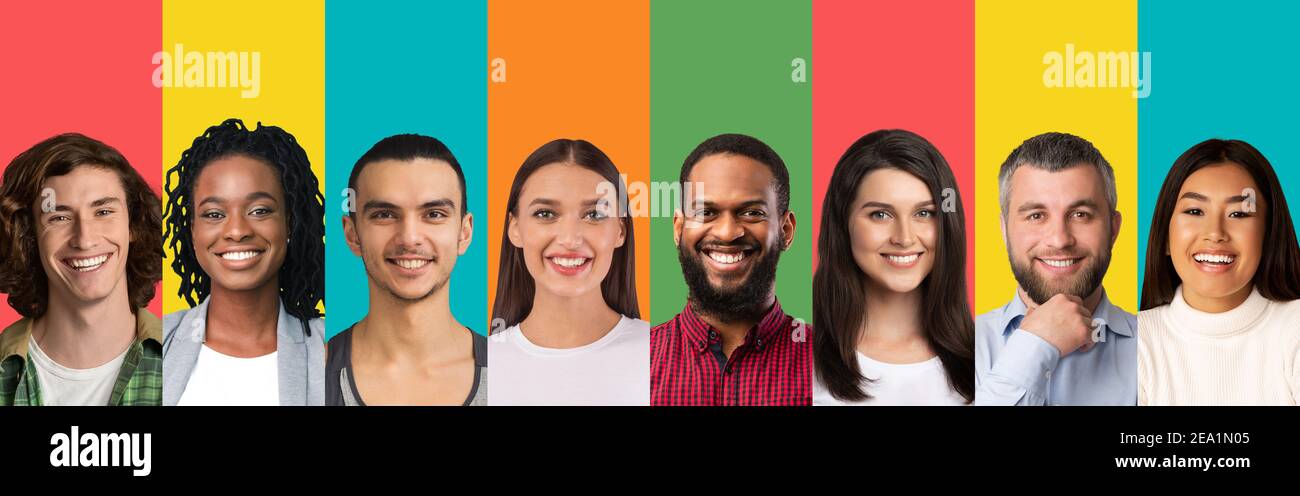 Collage of different people portrairs smiling on bright studio ...