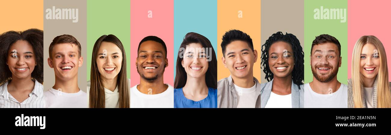 Set of multicultural people portraits over pastel color studio ...