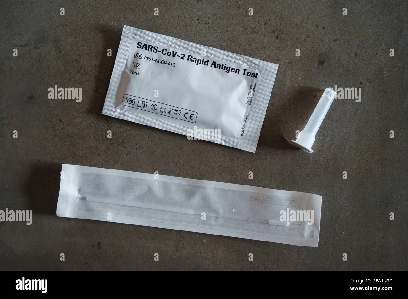 31 January 2021, Hessen, Frankfurt/Main: A packaged reagent tray for a ...
