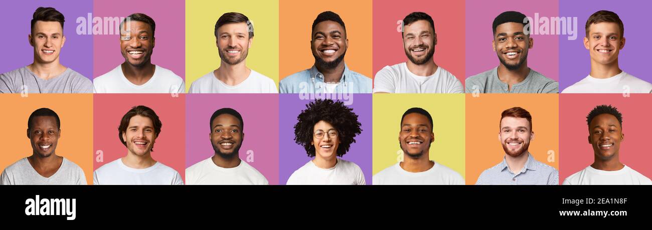 Set of handsome multiracial men smiling over colorful backgrounds Stock ...