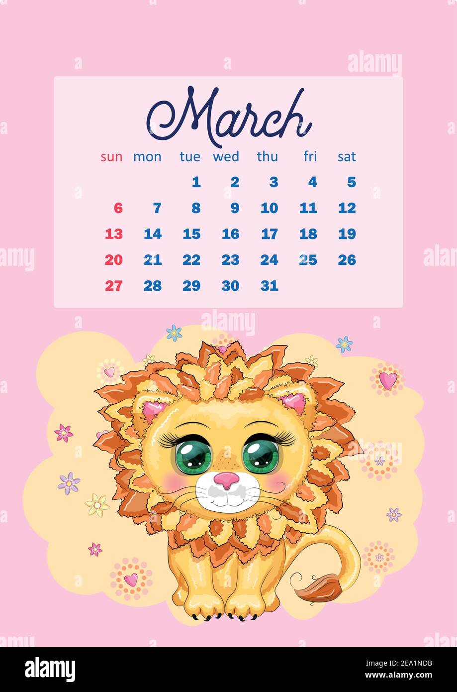 Calendar 2022 with cute cardboard animals for every month. Tiger, snow ...