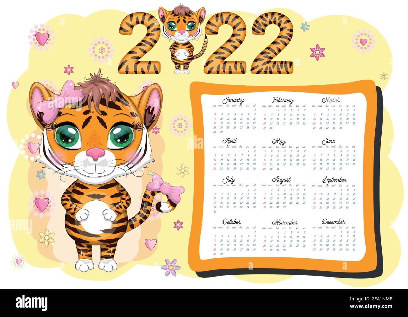 Cute Tiger Wall Calendar Template for 2022, Year of the Tiger, Chinese ...