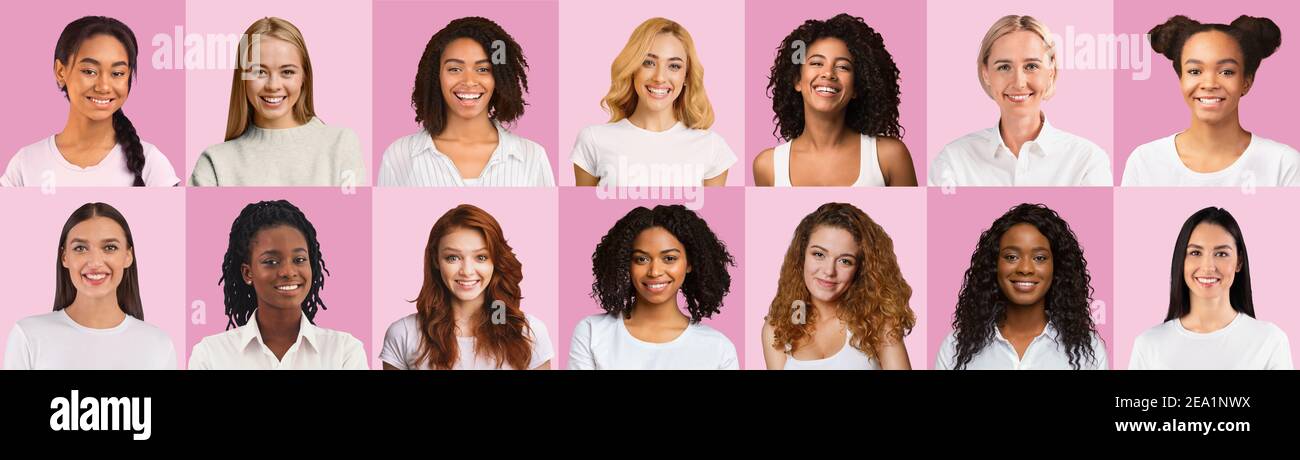 Smiling beautiful ladies of different nationalities over pink Stock ...