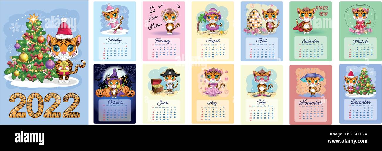 Cute tiger. Wall calendar design template for 2022, Year of the Tiger ...