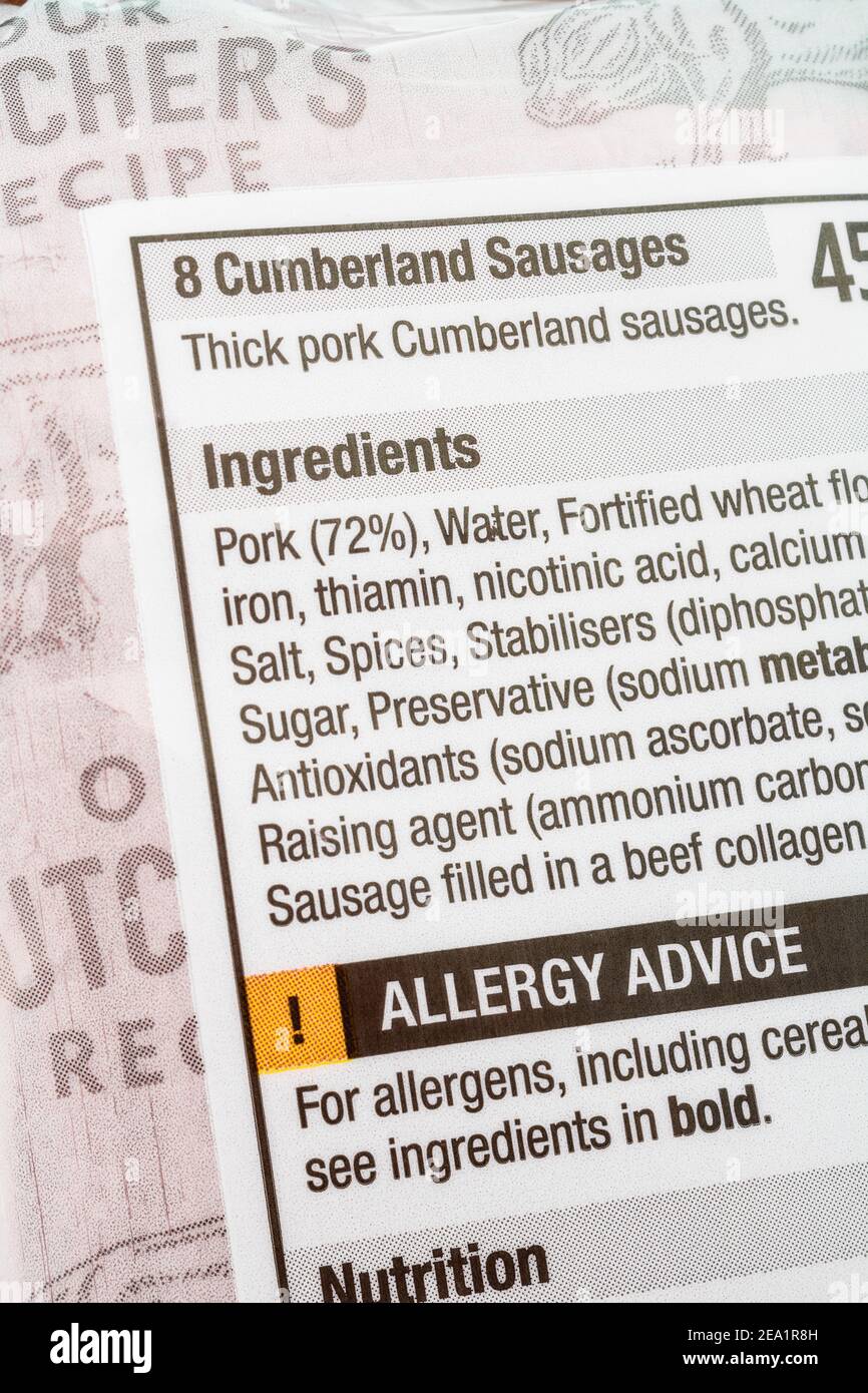 Morrison's pork Cumberland sausages. Nutrition facts box, dietary ...