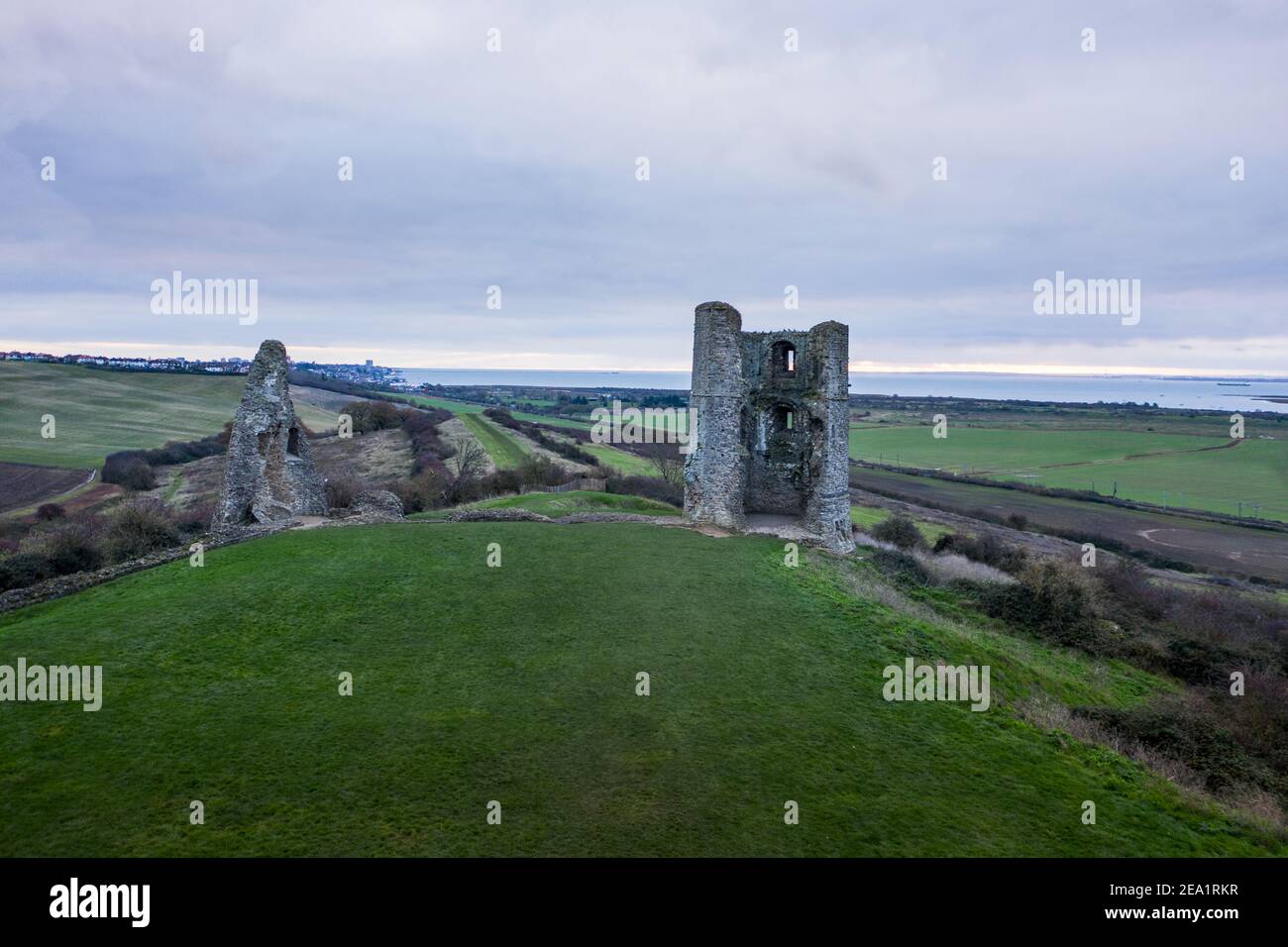 Aerial view of Hadleigh castle at sunrise in Benfleet Essex, UK country ...