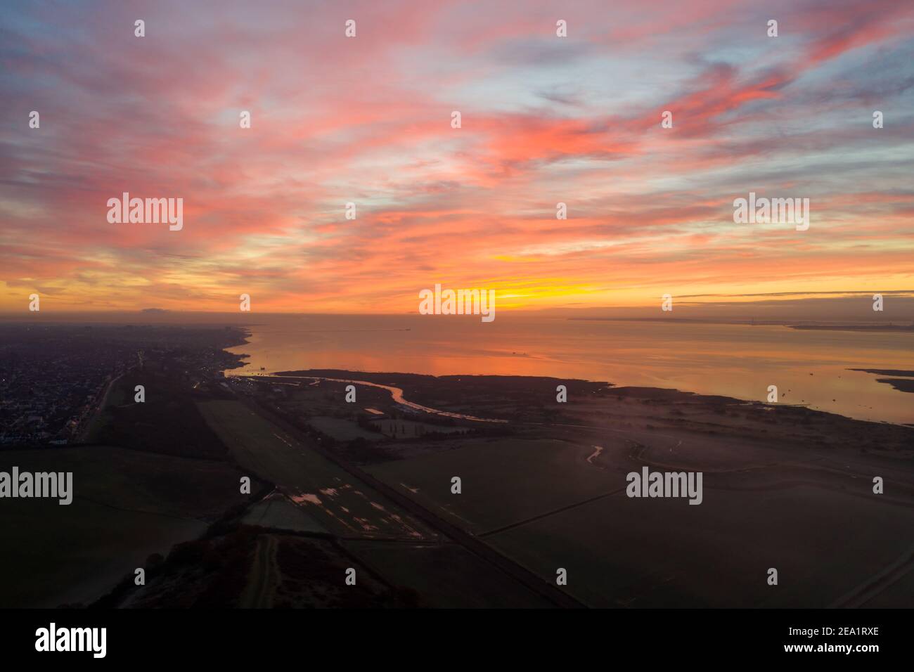 Aerial view of Hadleigh castle at sunrise in Benfleet Essex, UK country ...