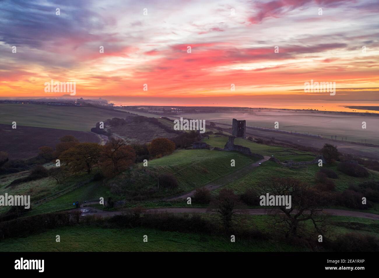 Aerial view of Hadleigh castle at sunrise in Benfleet Essex, UK country ...