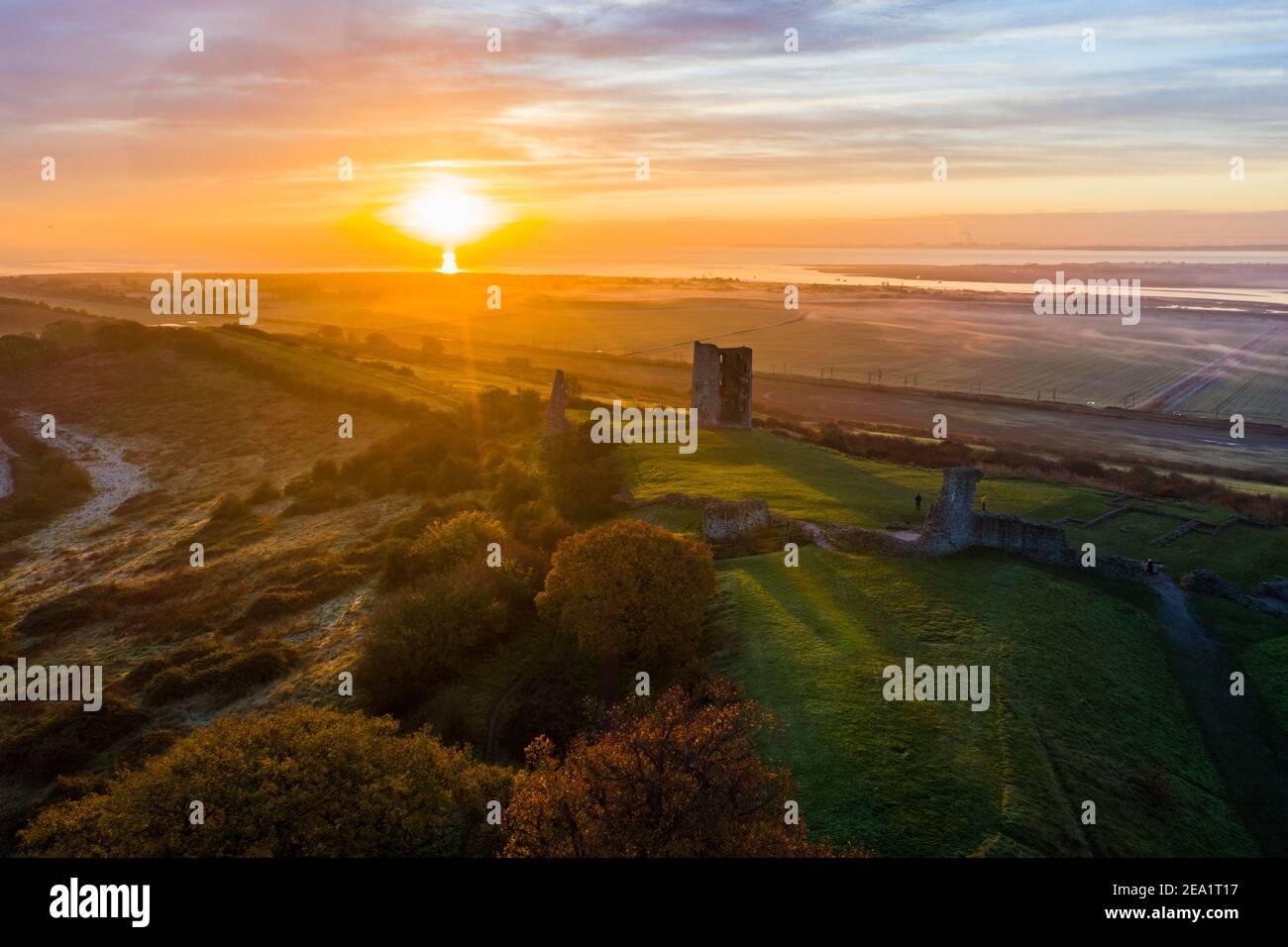 Aerial view of Hadleigh castle at sunrise in Benfleet Essex, UK country ...