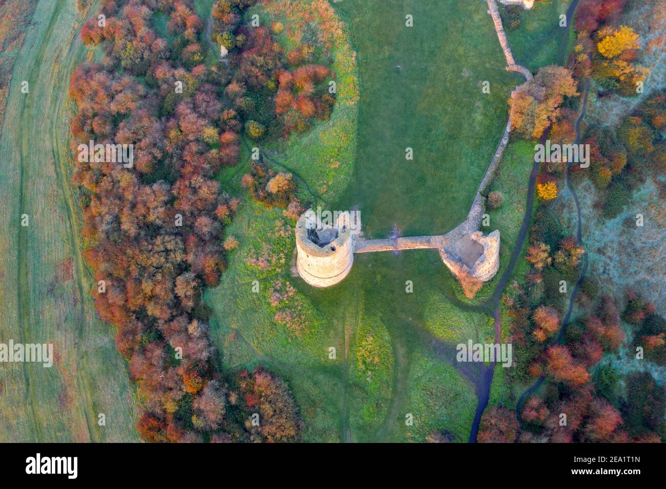 Aerial view of Hadleigh castle at sunrise in Benfleet Essex, UK country ...