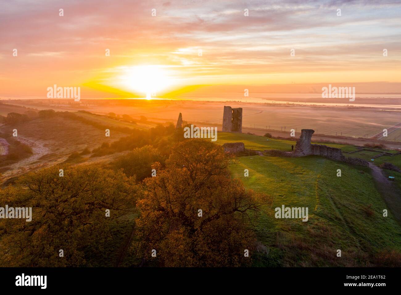Aerial view of Hadleigh castle at sunrise in Benfleet Essex, UK country ...