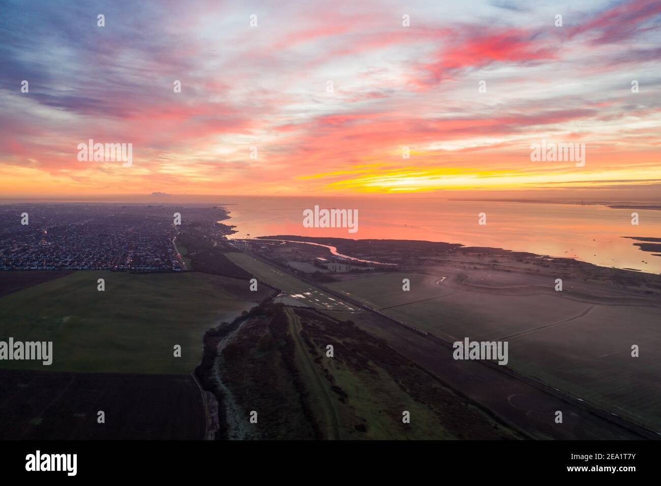 Aerial view of Hadleigh castle at sunrise in Benfleet Essex, UK country ...